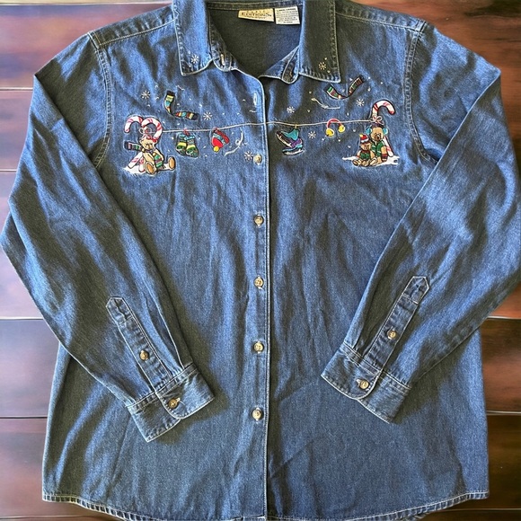 Basic Editions | Tops | Vintage Christmas Bear Chambray Button Ugly Sweater Party Large ...